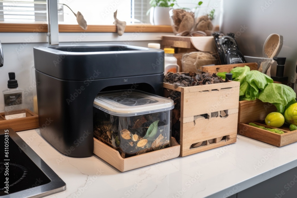 composting system built into kitchen countertop, with bins and ...