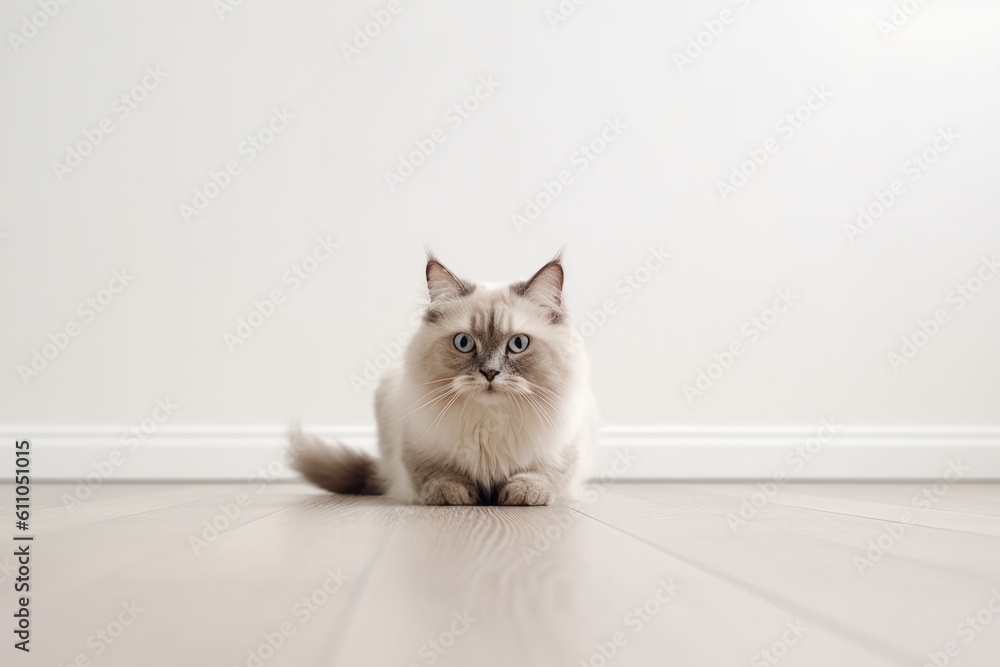 Lifestyle portrait photography of a funny neva masquerade cat crouching ...