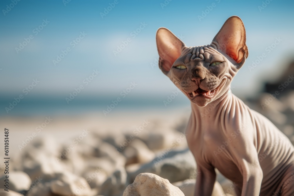 Environmental portrait photography of a smiling sphynx cat scratching ...