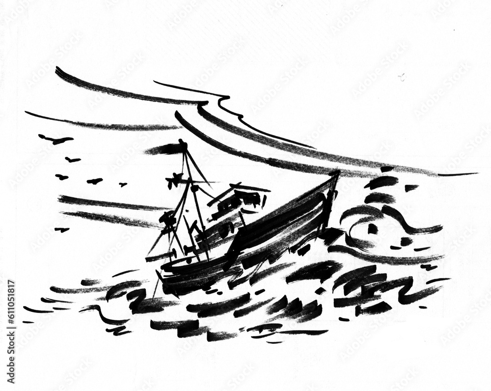 boat and big wave pen drawing for card illustration background Stock ...