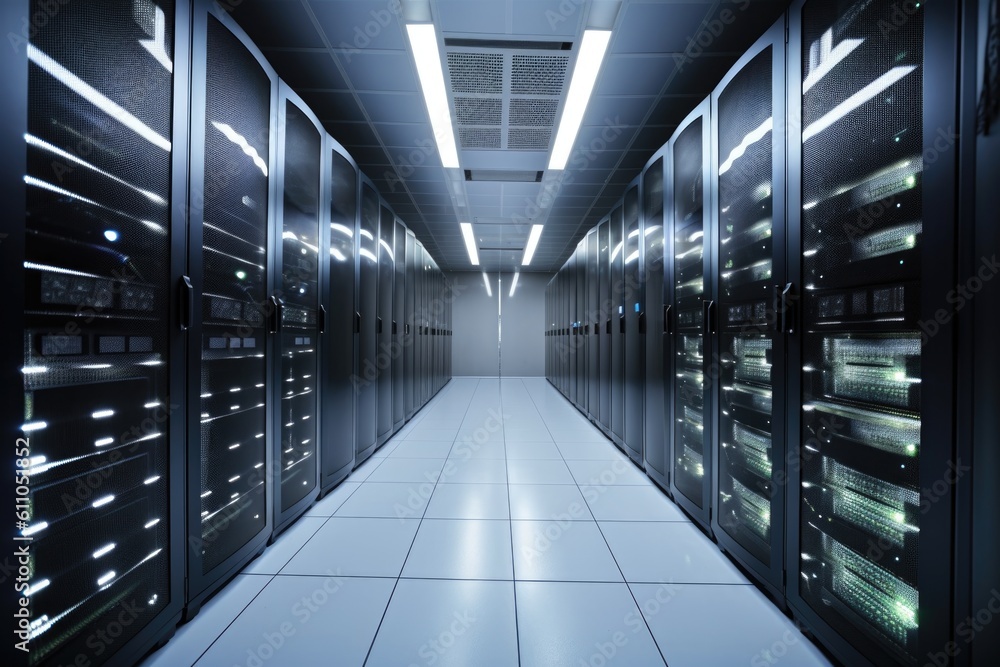 data center, with view into server room, showing racks of servers and ...