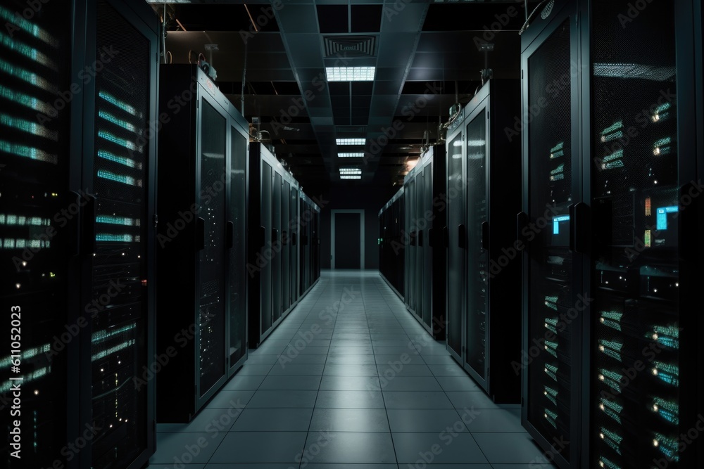 data center with massive server racks, each one filled with servers and ...