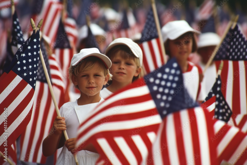 People celebrating US Independence Day with flags and fireworks.AI ...