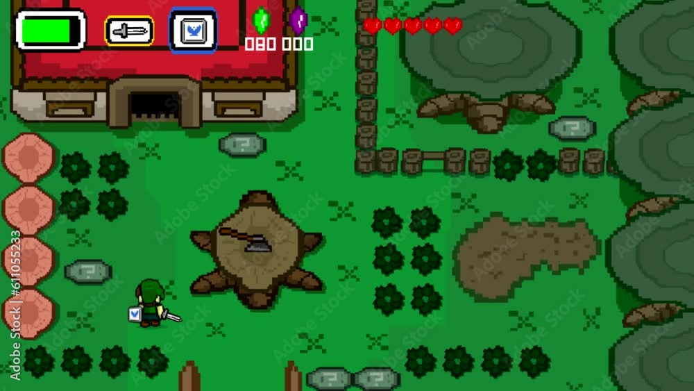 Animation of an old style 16-bit game with a boy in a green hat with a ...