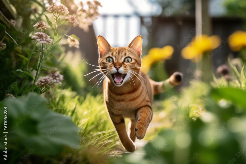 Environmental portrait photography of a smiling abyssinian cat pouncing ...