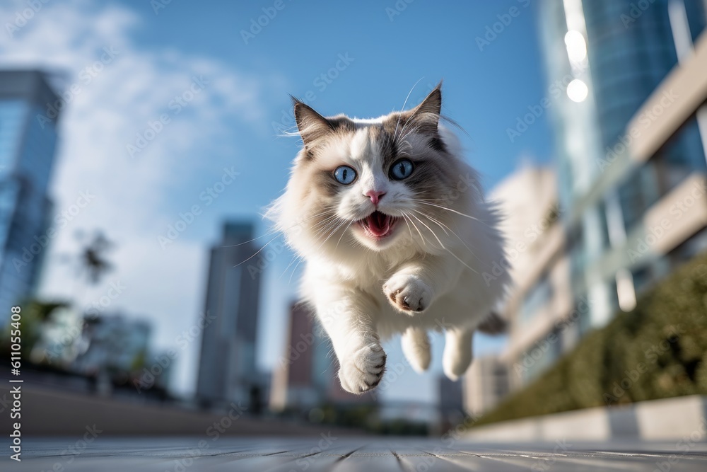 Lifestyle portrait photography of a smiling ragdoll cat hopping against ...
