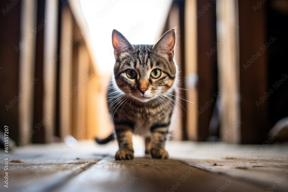 Foto de Conceptual portrait photography of a smiling tabby cat skulking ...