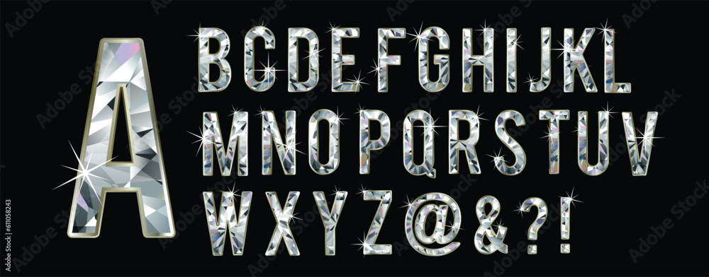 Diamond alphabet font. Luxury jewellery letters and numbers. Stock ...