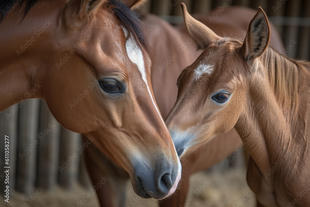 newborn foal, nuzzling its mother's side, created with generative ai ...