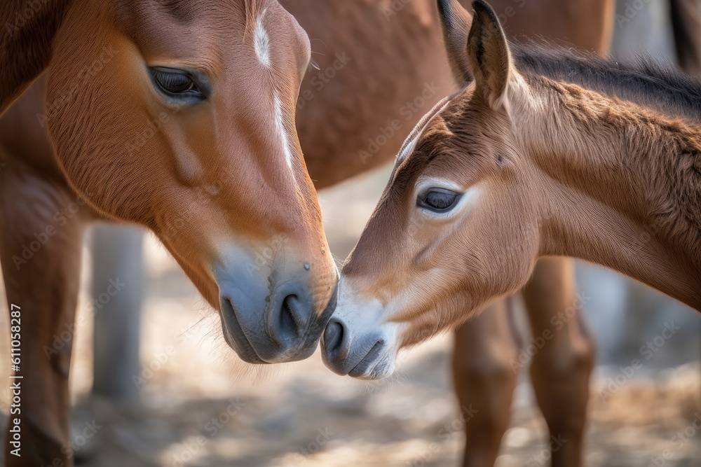 newborn foal, nuzzling its mother's side, created with generative ai ...