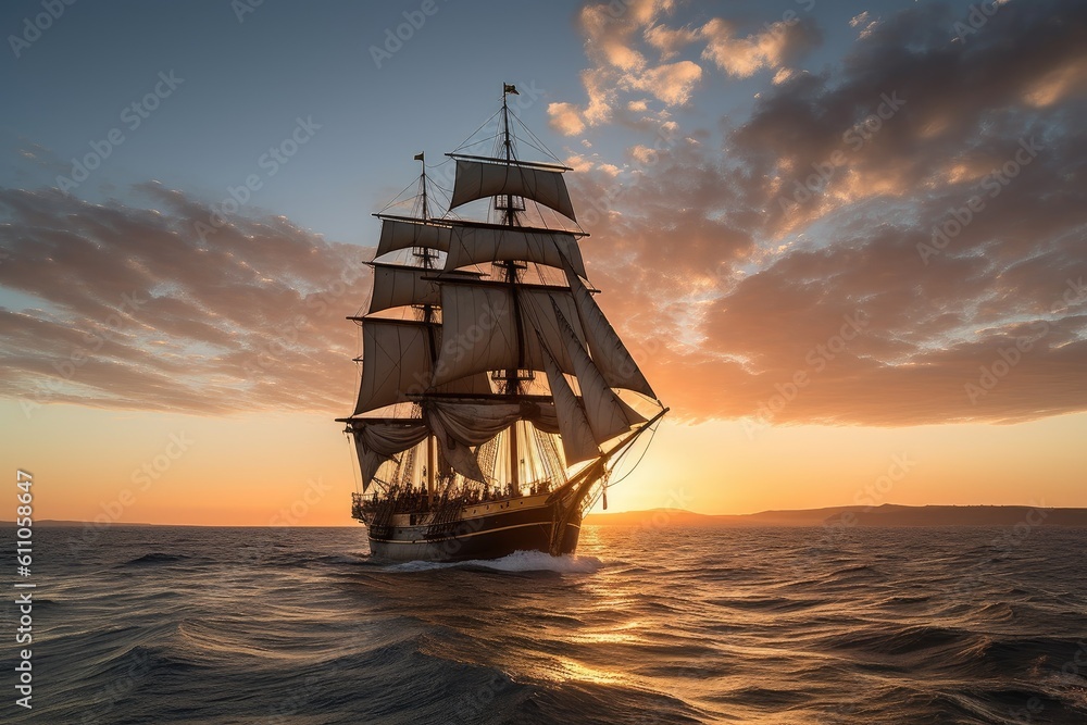 majestic clipper ship sailing on calm sea, with billowing sails and sun ...