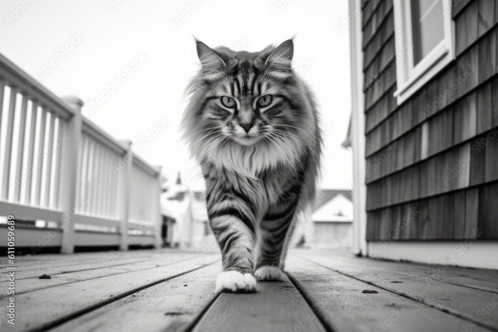 Full-length portrait photography of a curious norwegian forest cat ...
