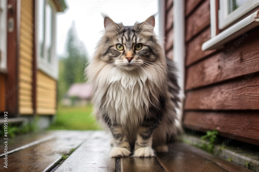 Full-length portrait photography of a curious norwegian forest cat ...