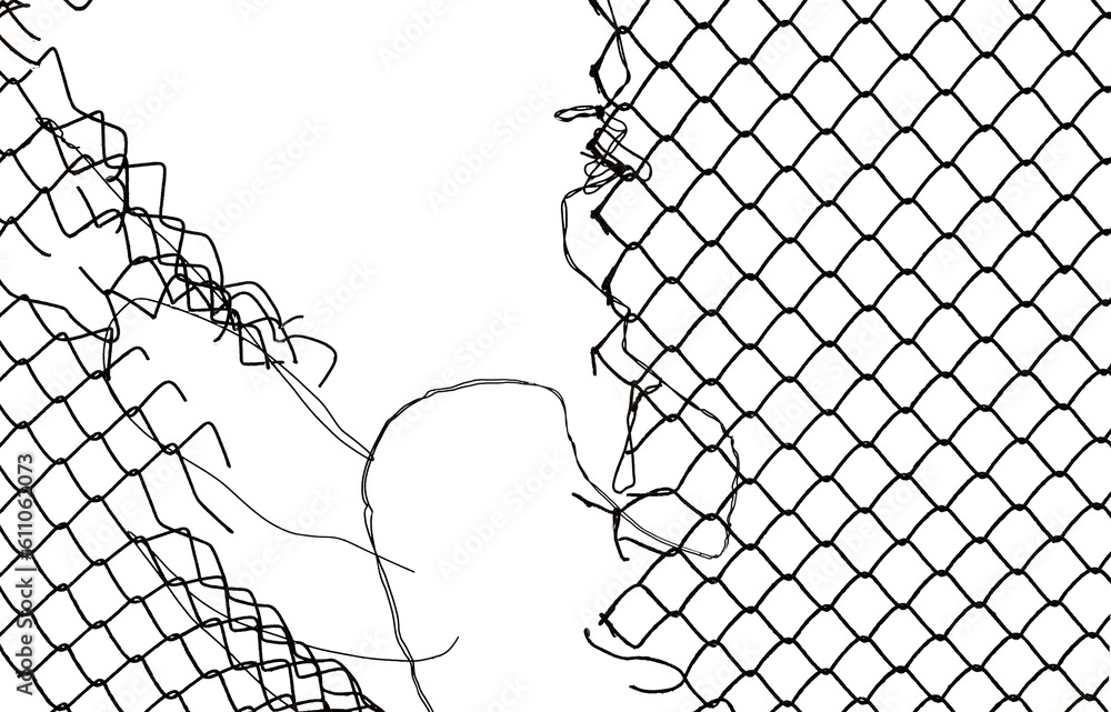 The texture of the metal mesh. Torn, destroyed, broken metal mesh on a ...