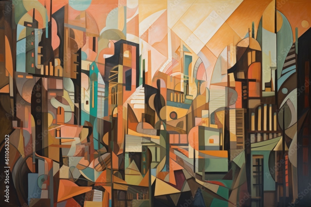 cubist painting of cityscape, with abstract shapes and lines creating a ...