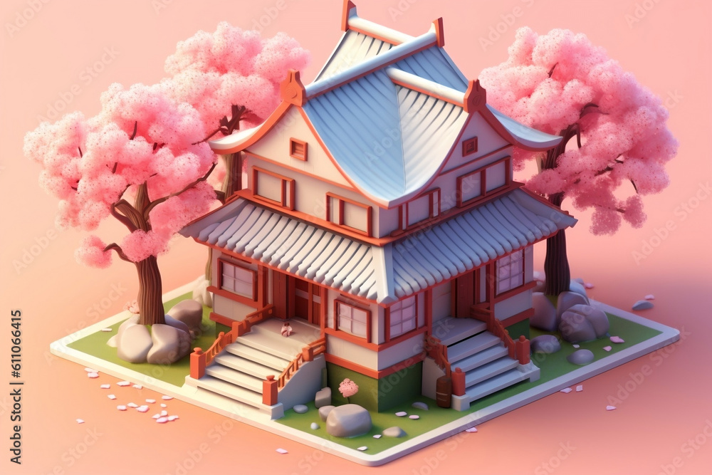Typical Japanese house with cherry blossom leaves falling from the tree ...