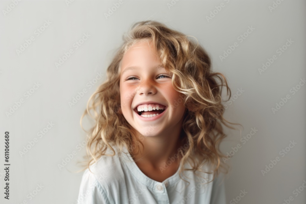 Headshot portrait photography of a satisfied kid female laughing ...