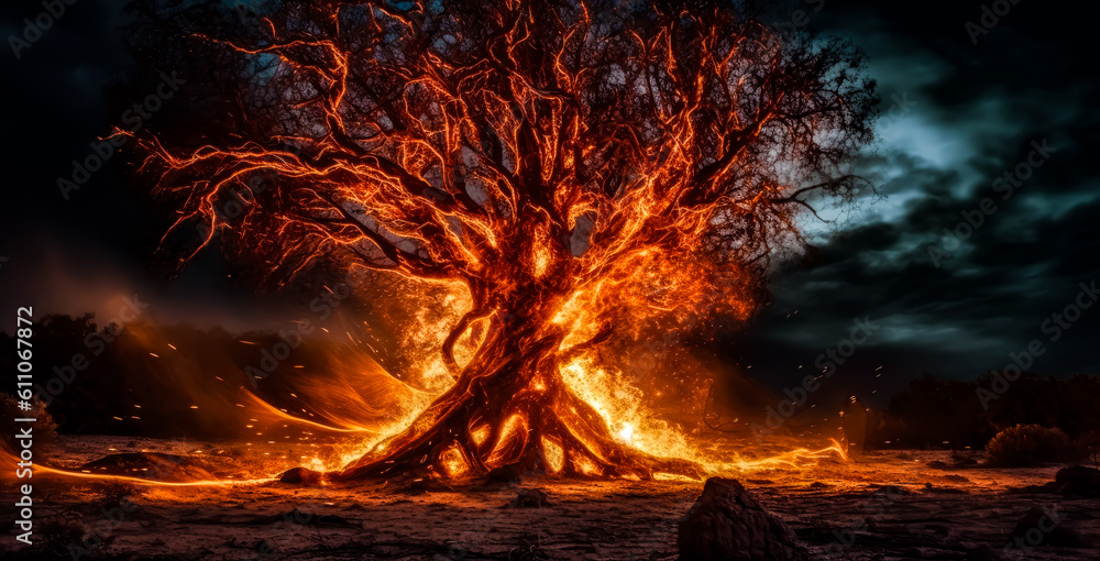 fire burning tree in the middle at night, generative ai Stock ...