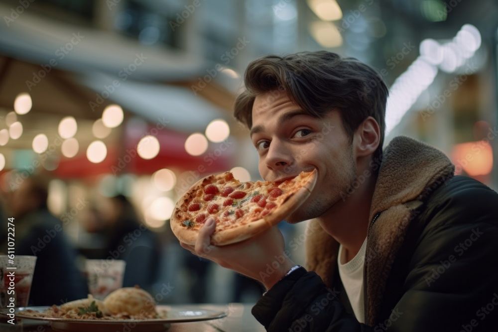 Close-up portrait photography of a satisfied boy in his 30s eating a ...
