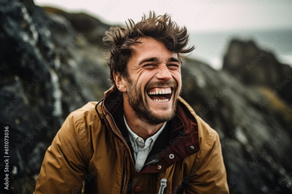 Close-up portrait photography of a glad boy in his 30s laughing against ...