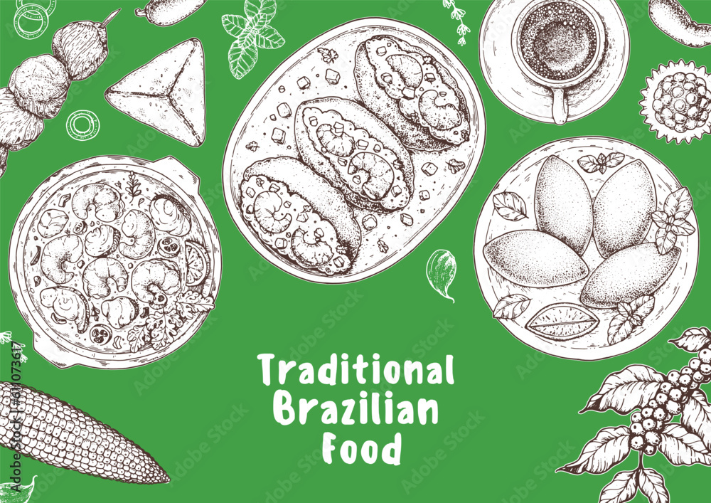 Brazilian food top view vector illustration. Food menu design template ...