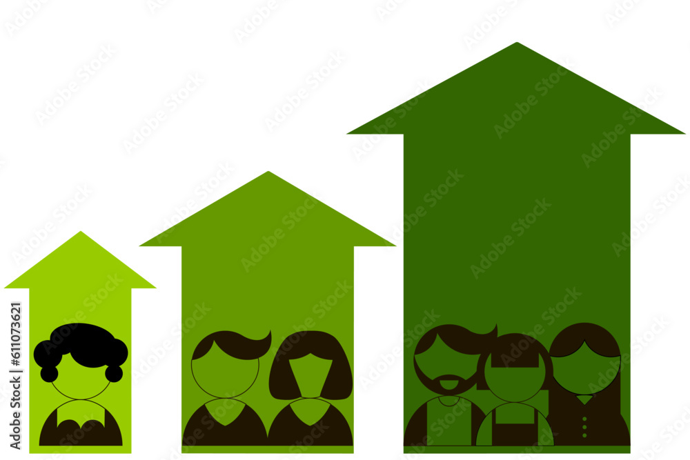 Vector image of three crowds of people getting bigger and an upwards ...