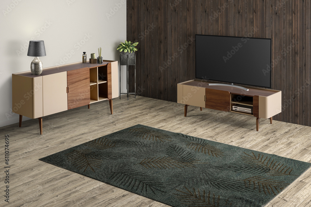 3D render tv room , side board and tv table set in modern decoration ...