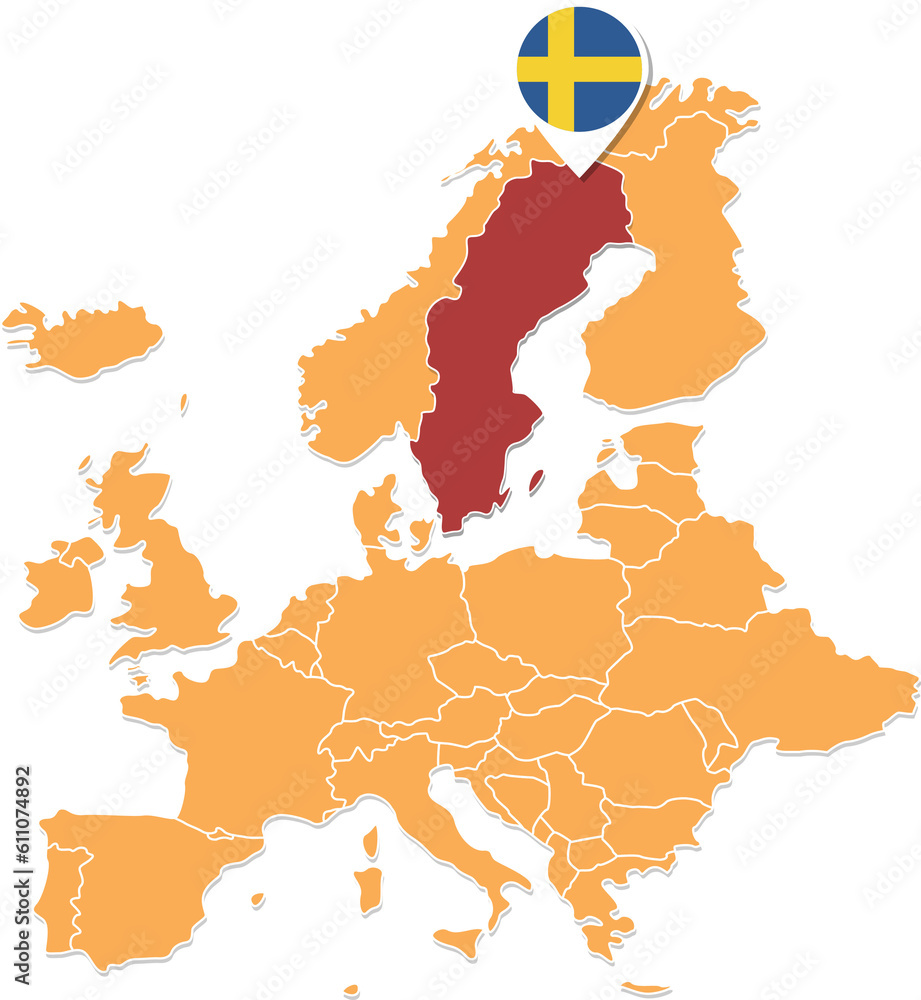 Sweden map in Europe, Sweden location and flags. Stock Illustration ...