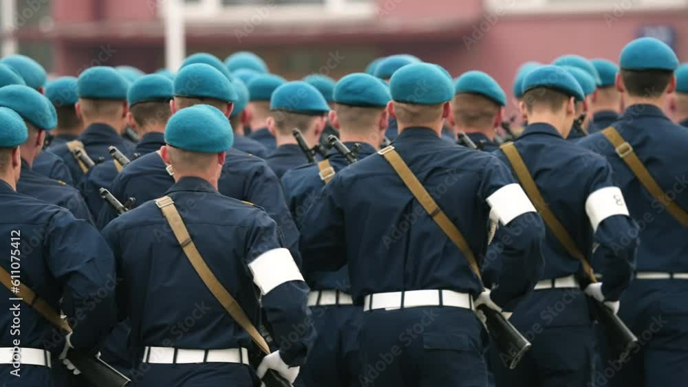 9 may russian war parade. A lot of men soldiers hold ak 47 rifle close ...