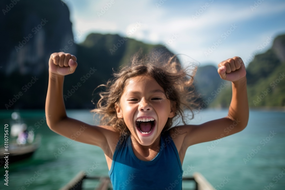Headshot portrait photography of a happy kid female celebrating winning ...