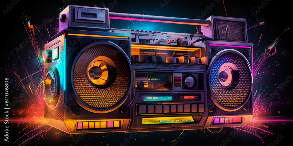 Captivating image of a retro boombox enveloped in shimmering ...