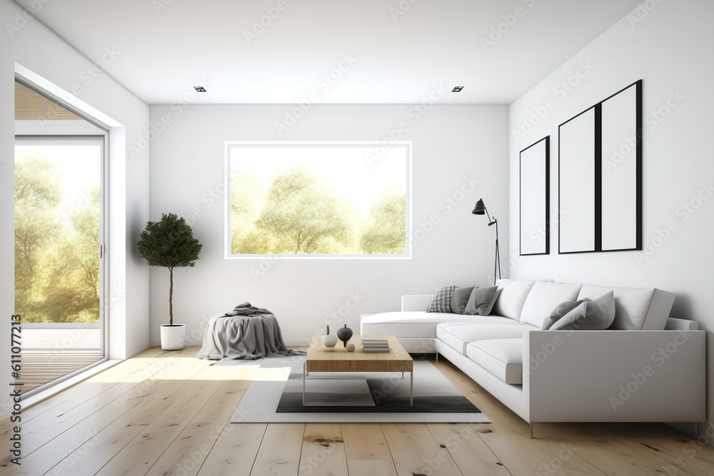 View from the side of a light-filled living room with a panoramic ...