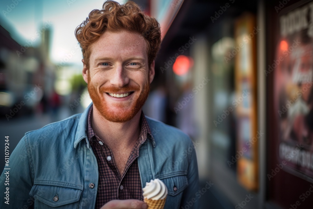 Headshot portrait photography of a glad boy in his 30s eating ice cream ...