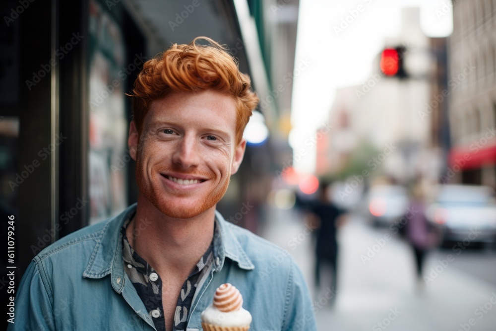 Headshot portrait photography of a glad boy in his 30s eating ice cream ...