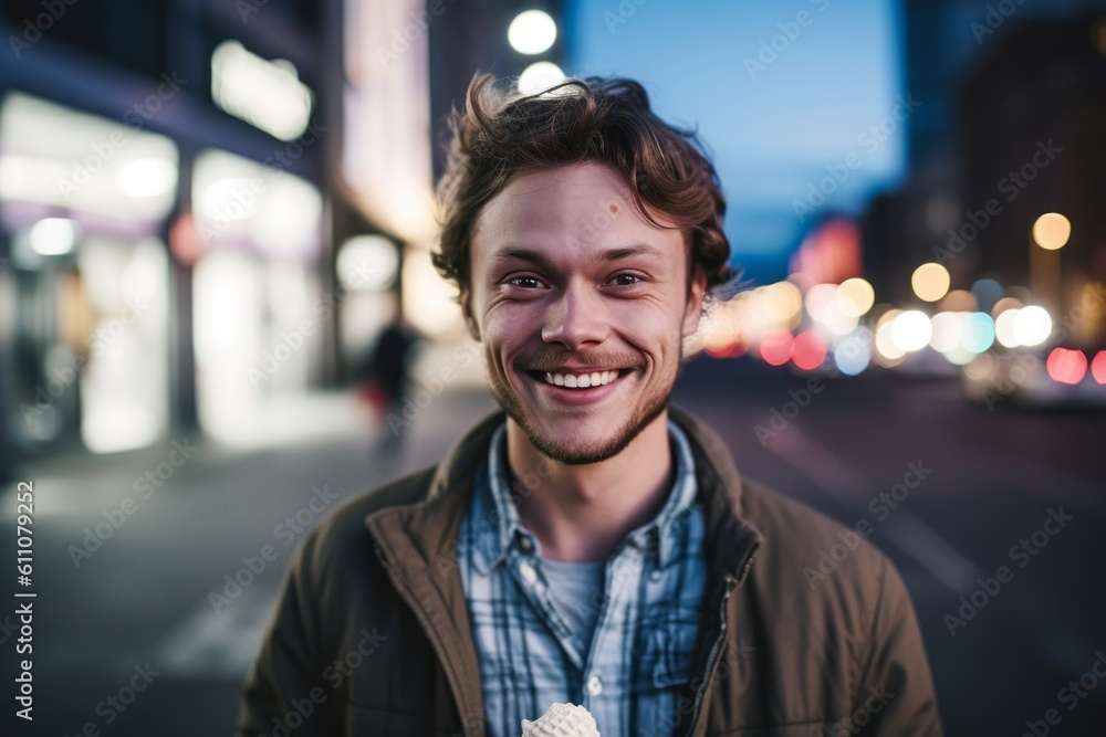 Headshot portrait photography of a glad boy in his 30s eating ice cream ...