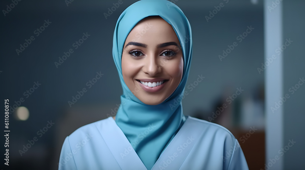 Portrait of a young Muslim woman nurse standing in the hall of the ...