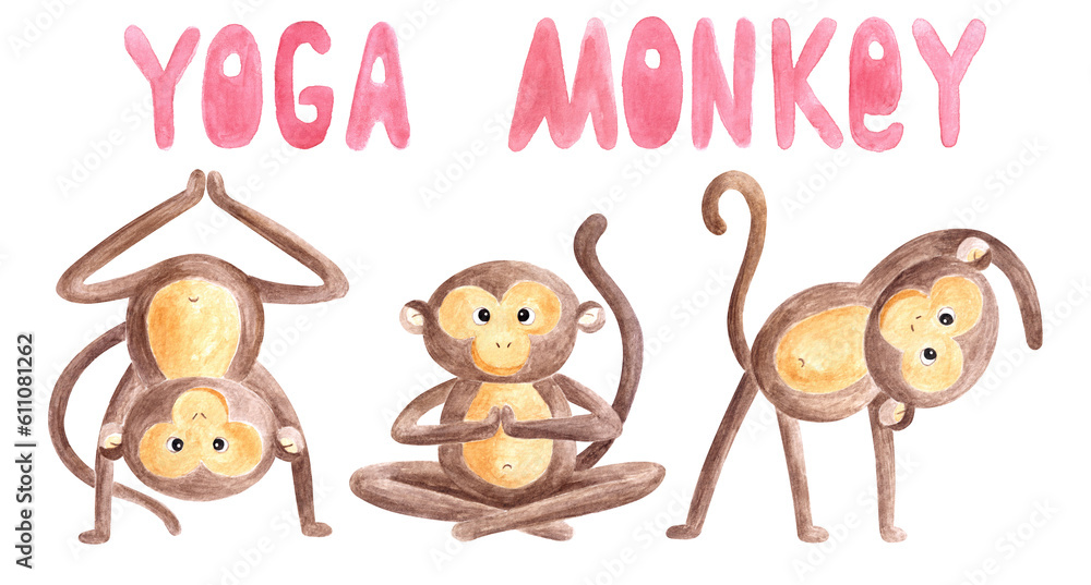 Watercolor hand drawn three monkey babies doing yoga asanas poses with ...