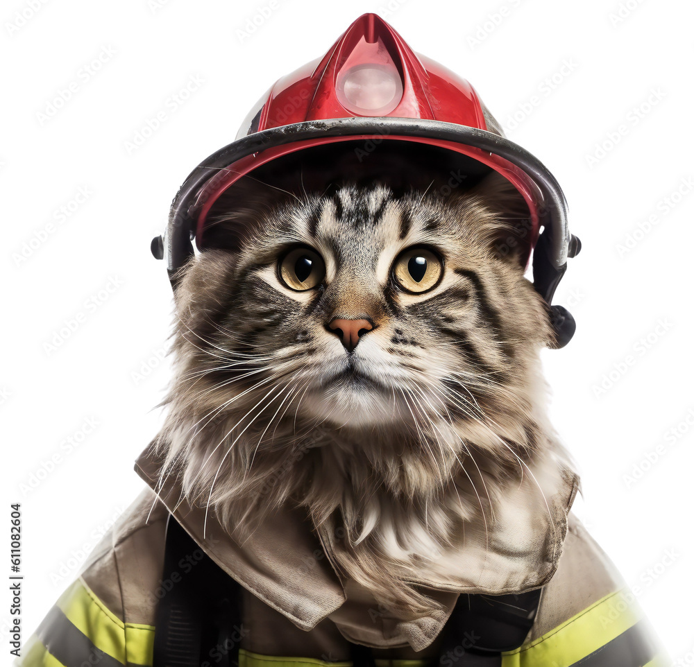 Firefighter cat in a red helmet. Isolated on a transparent background ...