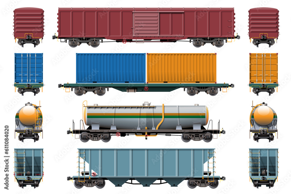 VECTOR EPS10 - various freight car, train cargo wagons,side view front ...