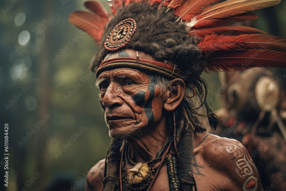 Portrait of indigenous tribe man. Traditional Indian with painted faces ...