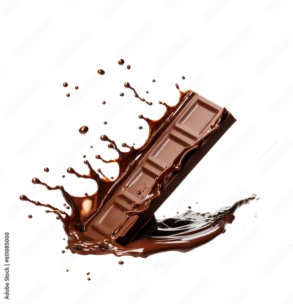 chocolate bar with liquid chocolate splash on it. On white background ...