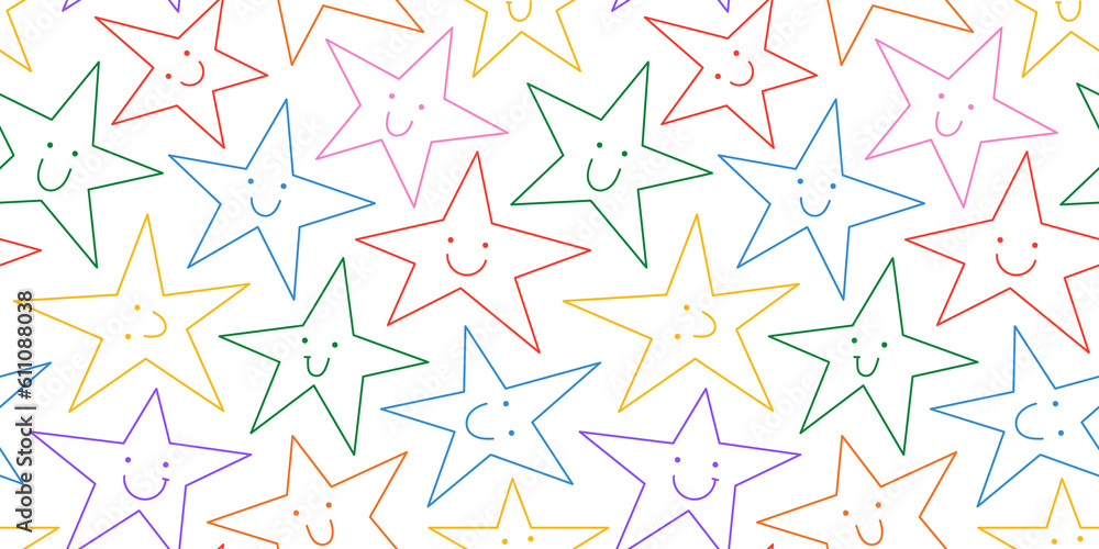 Colorful rainbow star line doodle seamless pattern illustration with ...