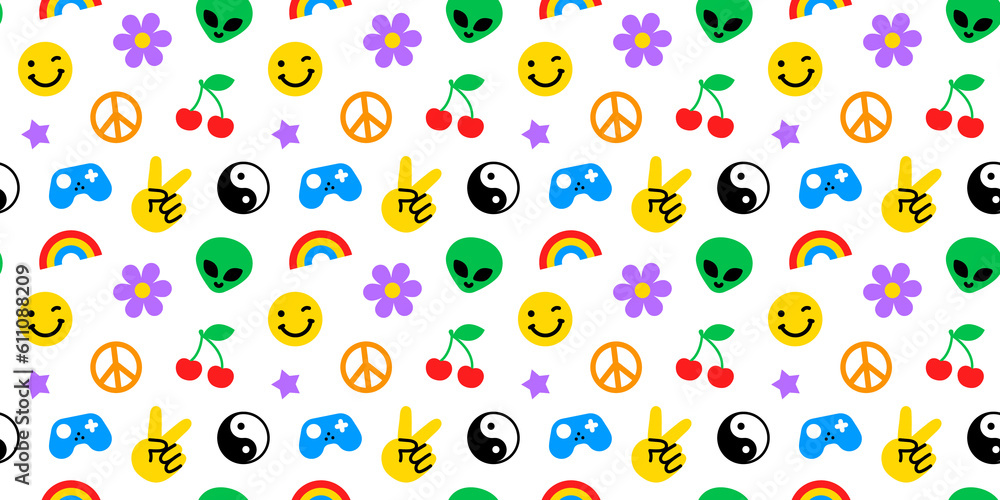 Colorful retro y2k icon seamless pattern illustration with happy faces ...