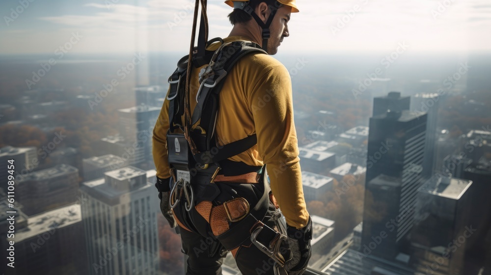 Male worker rope access industrial working at height tank oil wearing ...