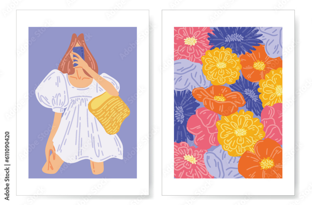Set of fashion posters with girl and flower pattern. A girl with a ...