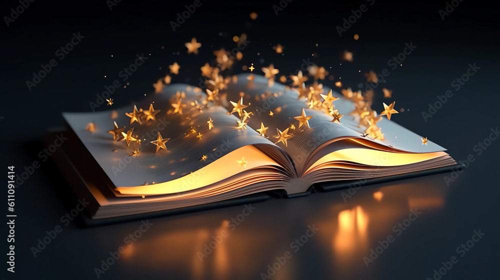 Magic book with glowing stars on dark background Stock Illustration ...