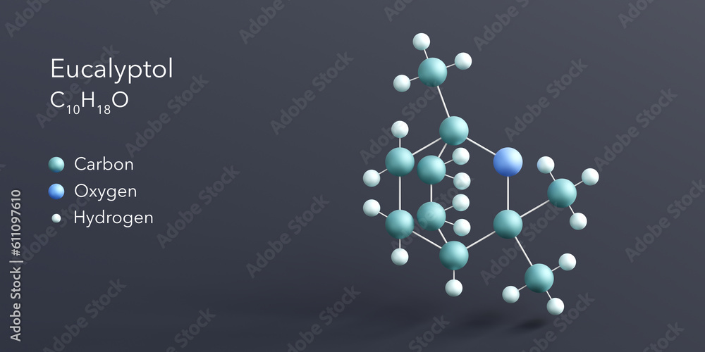 eucalyptol molecule 3d rendering, flat molecular structure with ...