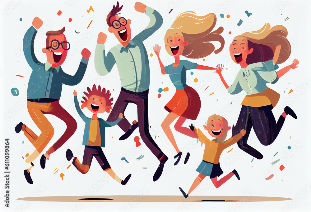 Happy children and adults jumping and having fun, emotional people ...