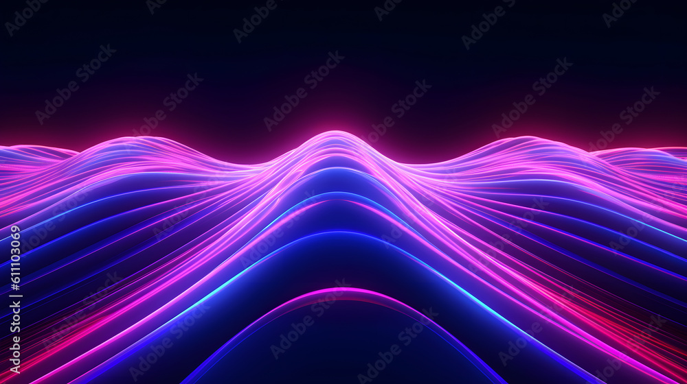 3d render, abstract minimal neon background, pink blue neon lines going ...