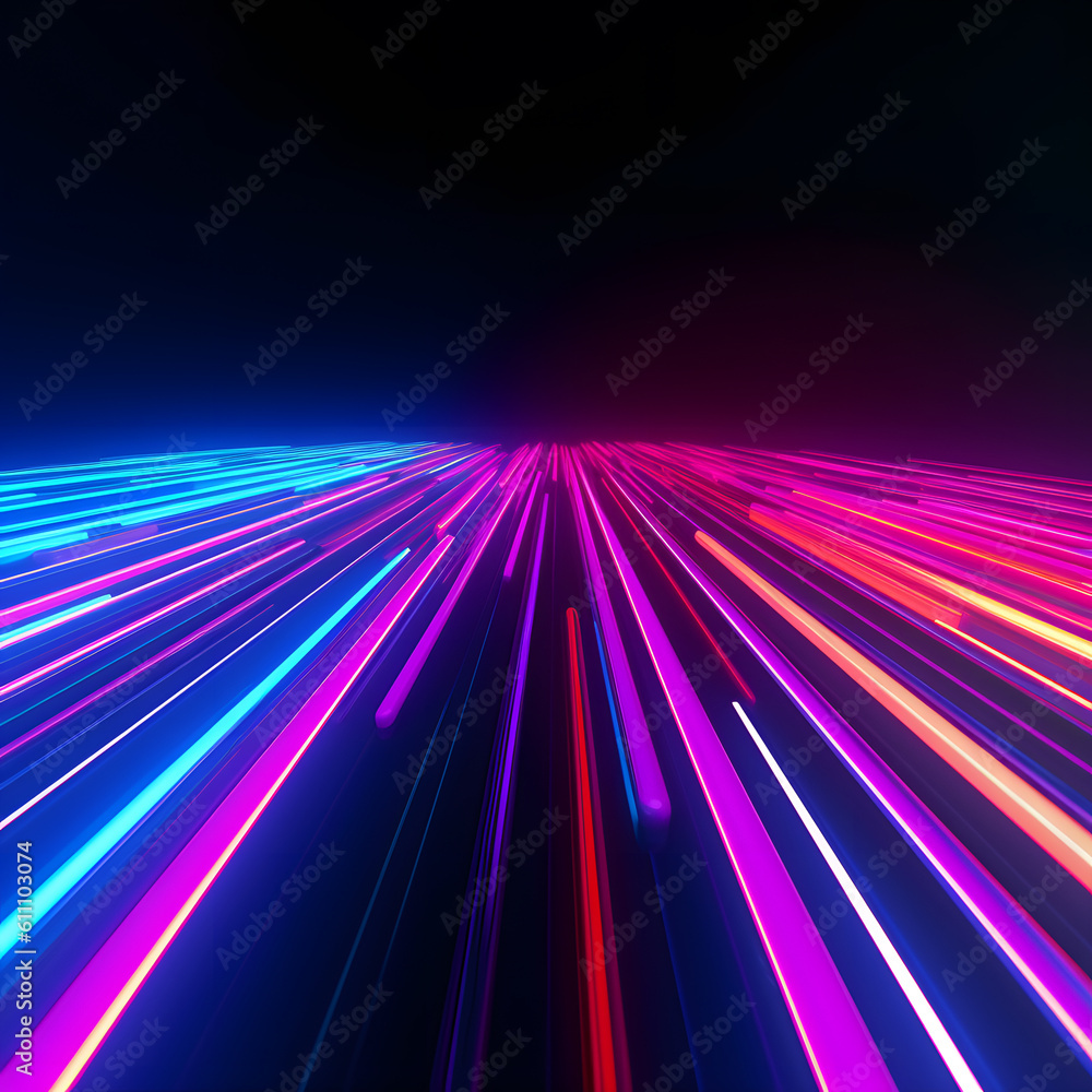 3d render, abstract minimal neon background, pink blue neon lines going ...